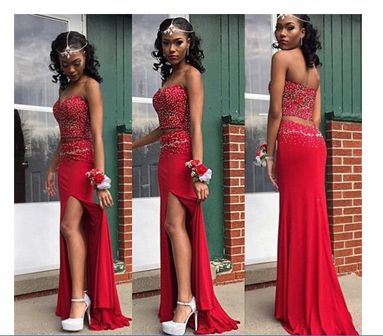 Long Two Piece Red Prom Dresses 2016 Style Pearls Mermaid Evening Dress ...