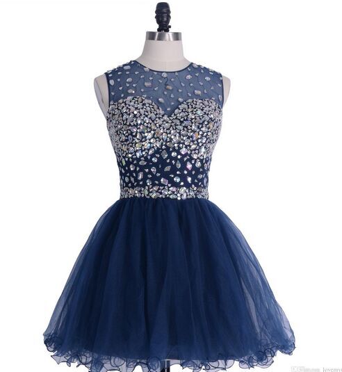 Latest Navy Blue Cocktail Dresses Crystal Bateau Beading Short Mini ...
